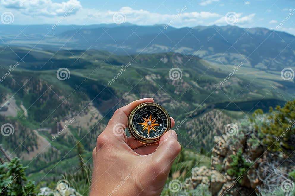 Hand with Compass Pointing Towards Mountain Range Stock Photo - Image ...