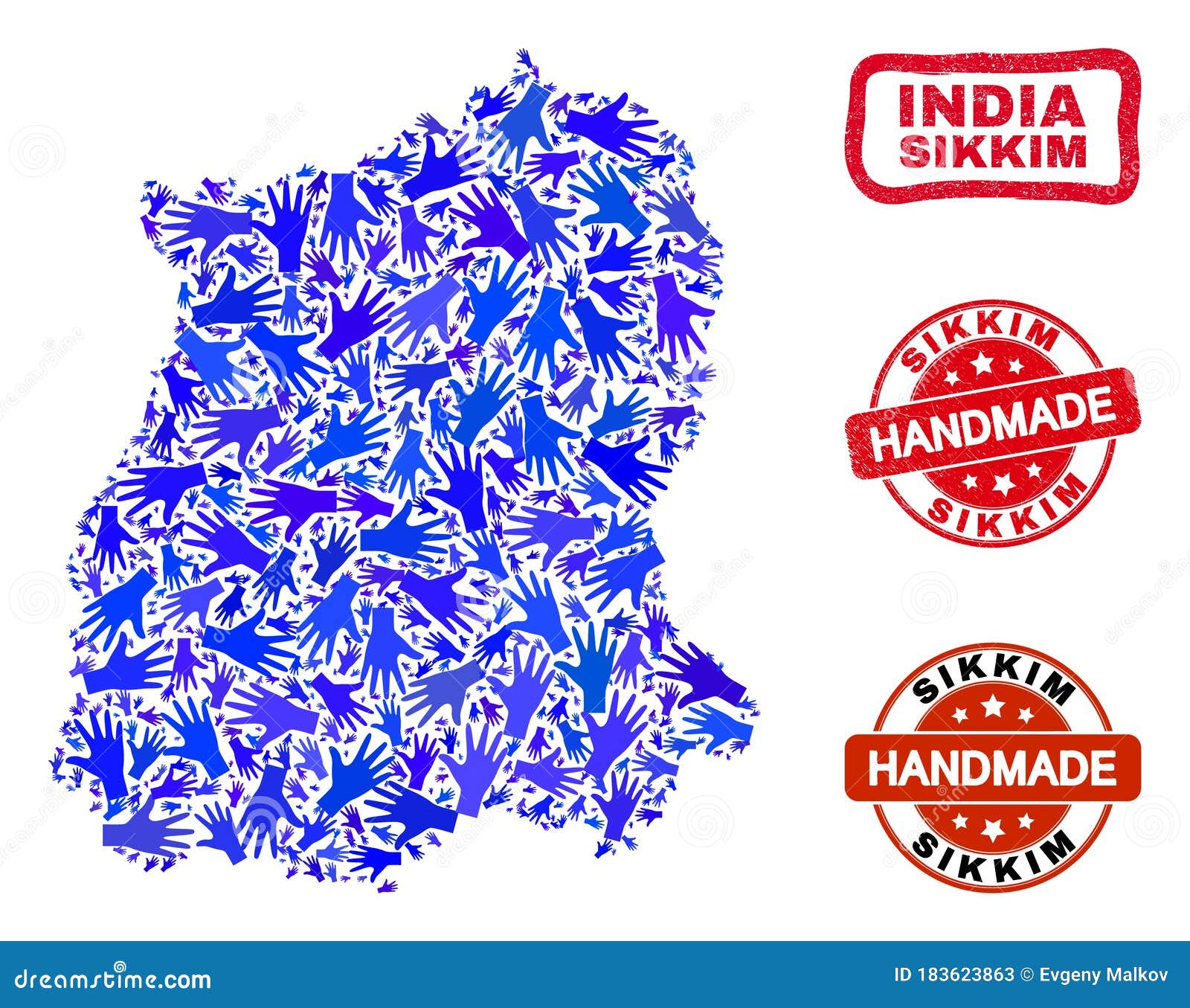 Hand Composition of Sikkim State Map and Textured Handmade Stamps Stock ...