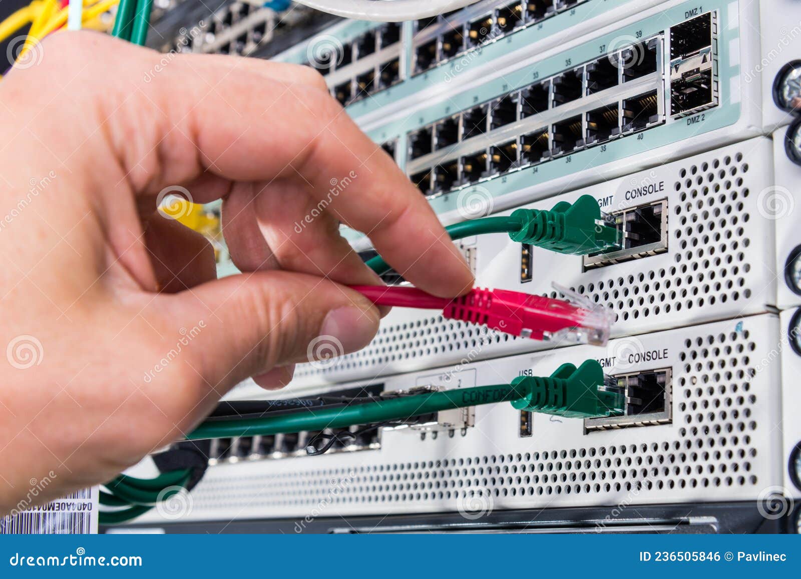 Hand of Computer Engineer Connecting Network Cable in Server Cab Stock ...