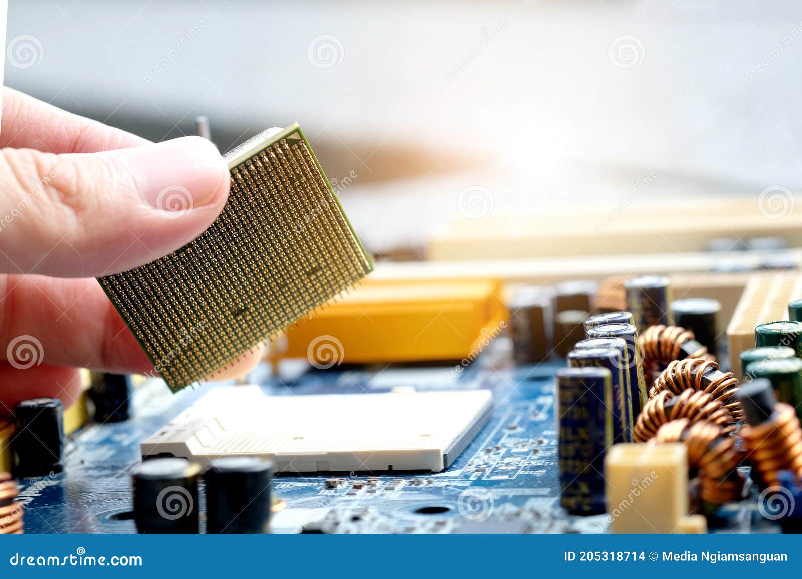 Hand of Computer Engineering Brings Computer Cpu Processor Memory Change Components into Socket ...