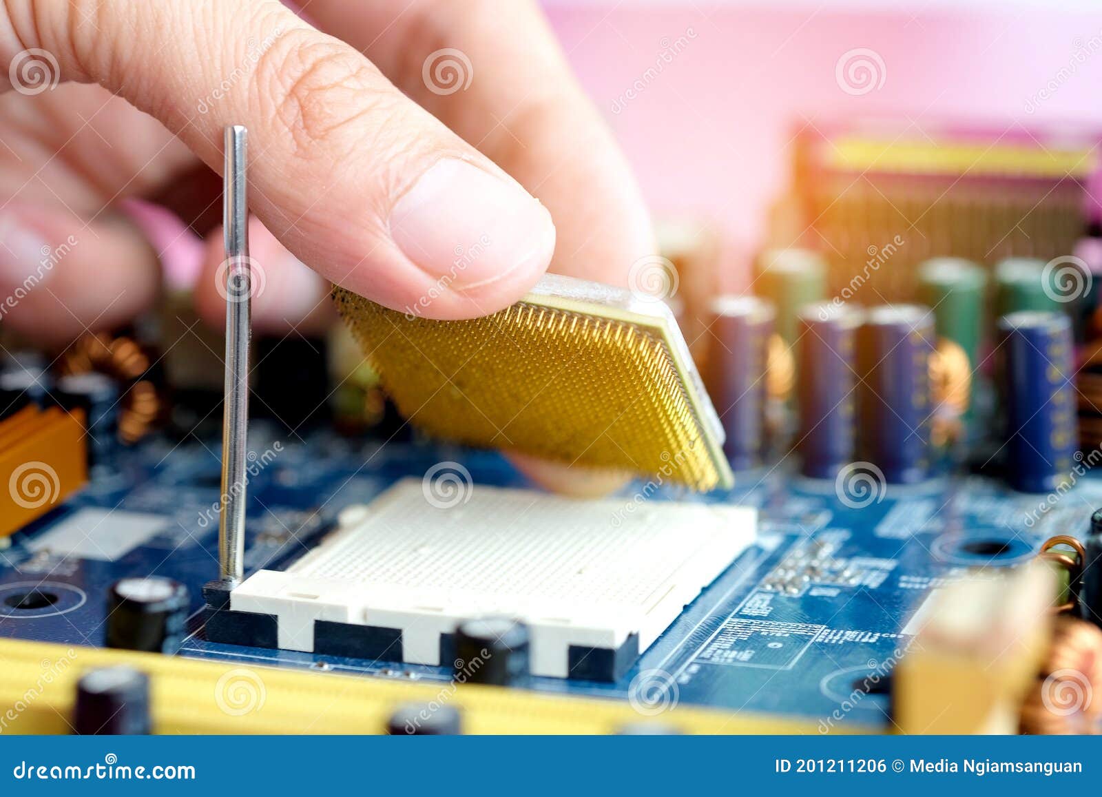 Hand of Computer Engineering Brings Computer Cpu Processor Memory Change Components into Socket ...