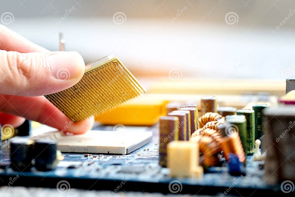 Hand of Computer Engineering Brings Computer Cpu Processor Memory Change Components into Socket ...