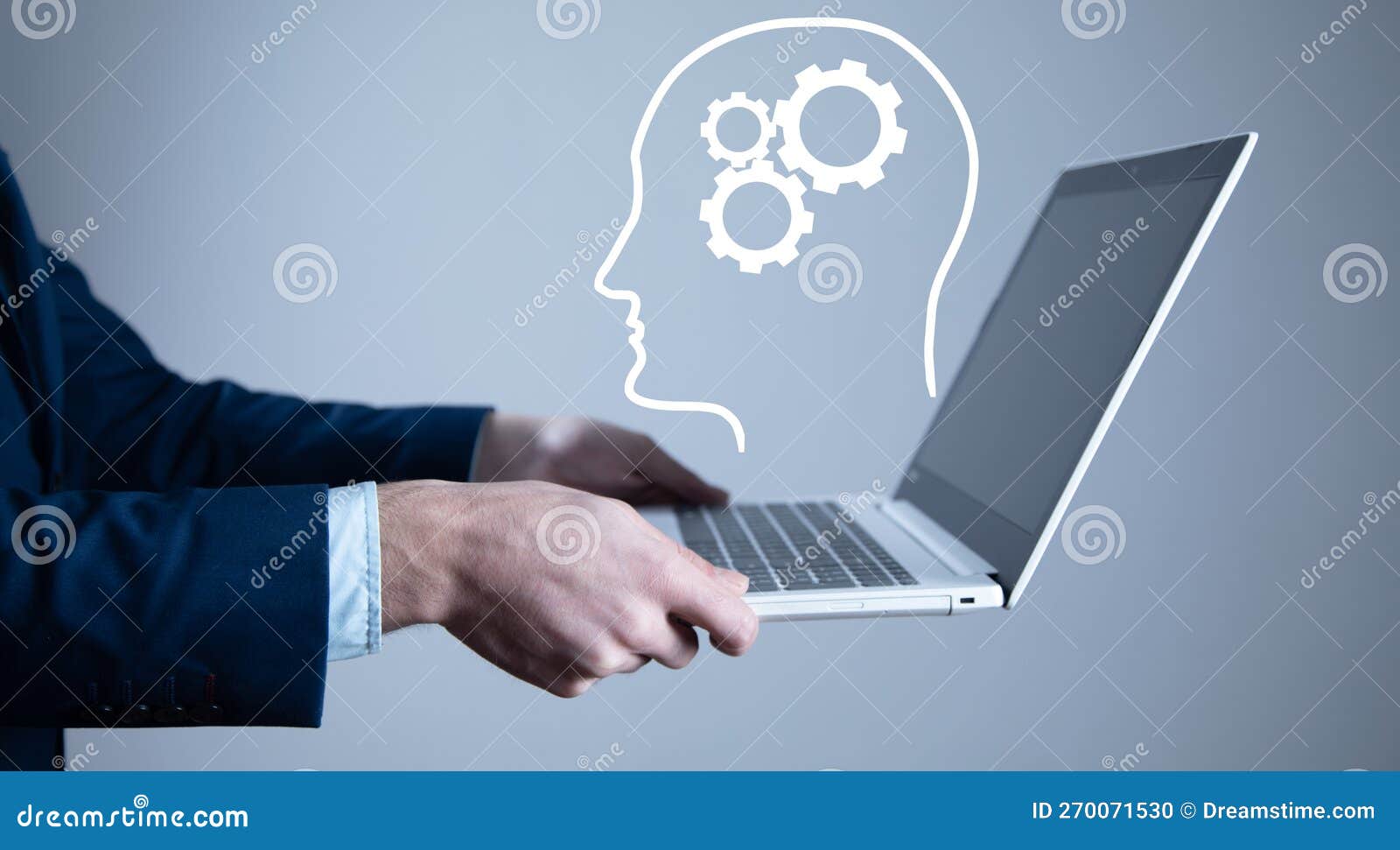Hand Computer with Human with Gear in Head Stock Photo - Image of ...