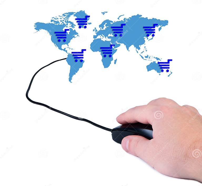 Hand with Computer Mouse and Map of the World. Stock Illustration ...
