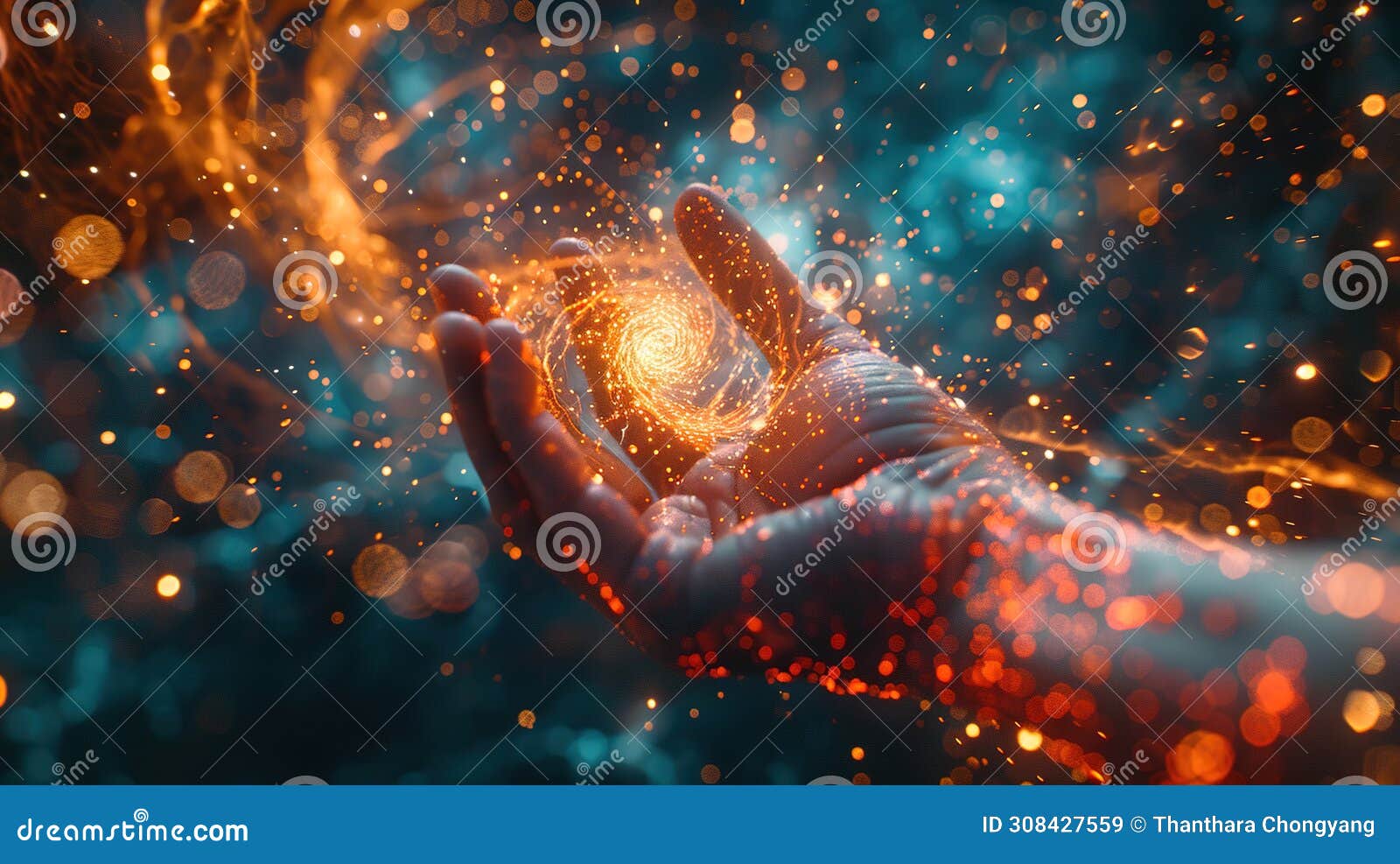 Hand Conjuring Swirl of Sparkling Light Particles Stock Illustration ...