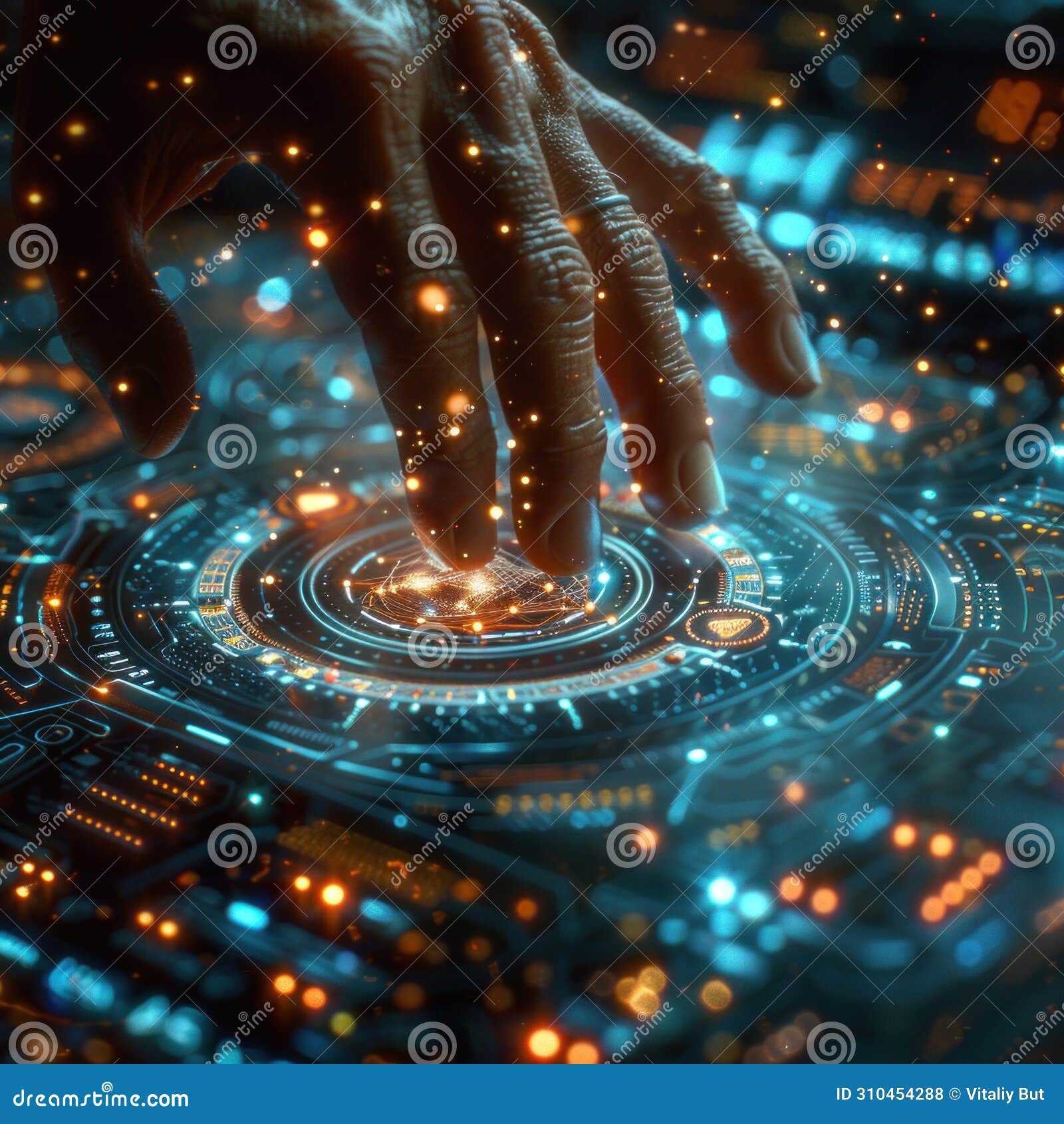 Hand Connecting with Futuristic Circuit Board Stock Photo - Image of ...