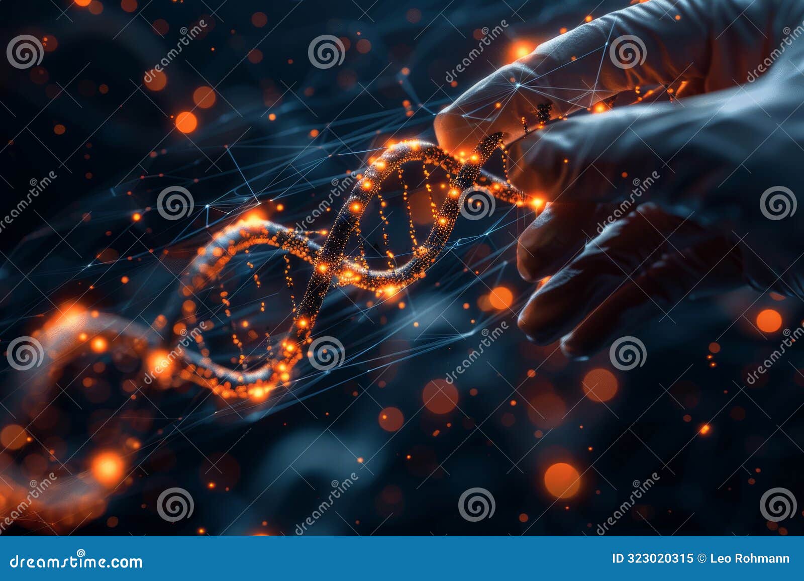 Hand Connecting Two Glowing Orange DNA Strands, Symbolizing the Linking ...