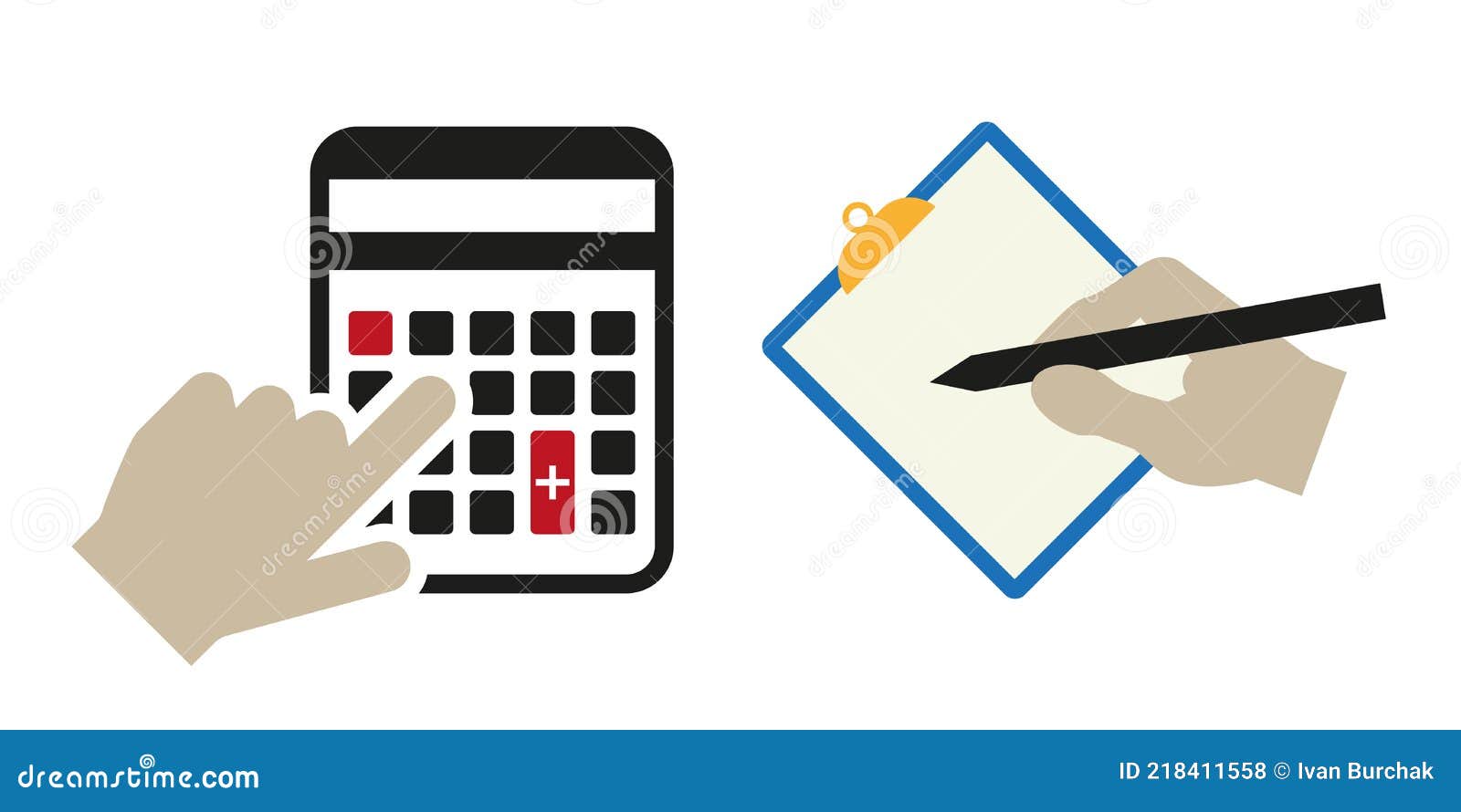 Calculator Hand and a Paper Tablet Hand. Flat Style Vector Illustration ...