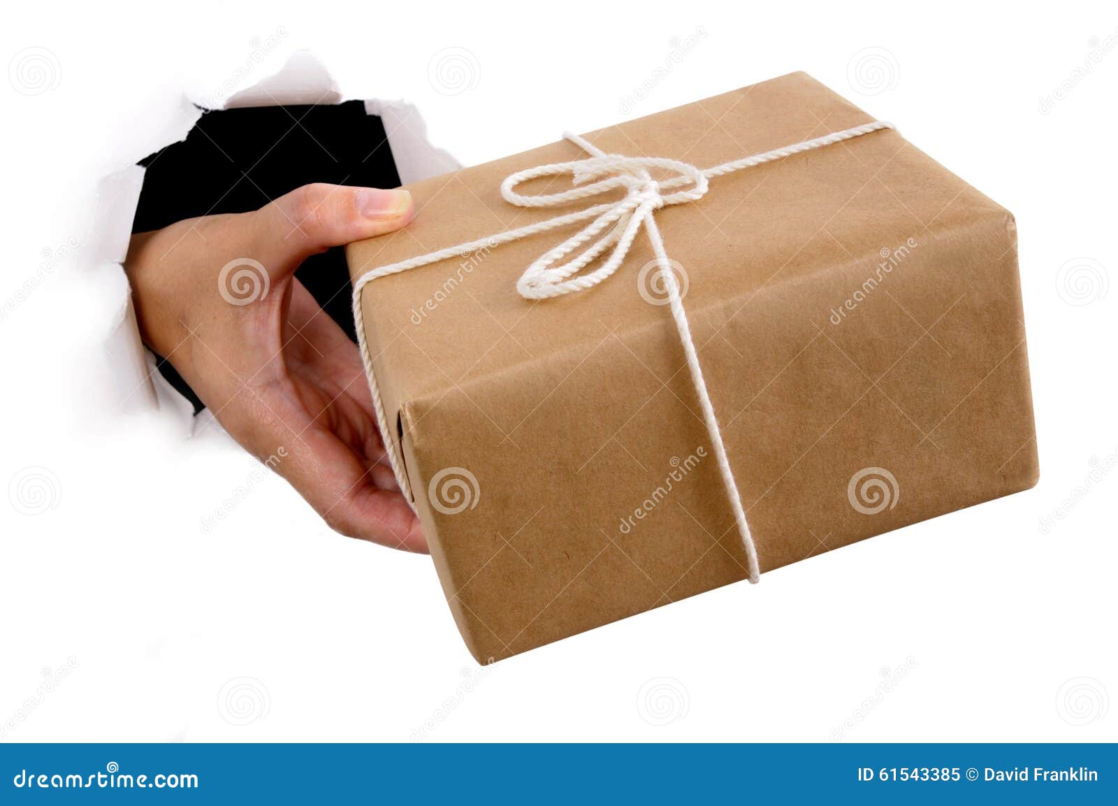 Hand of Courier or Mail Man Delivering or Giving Parcel through Torn ...