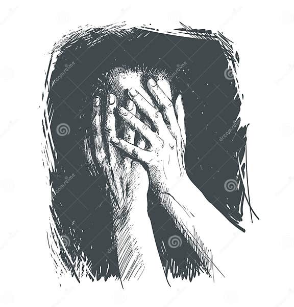 Hand-covered Face of a Person Suffering from Grief. Stock Vector ...