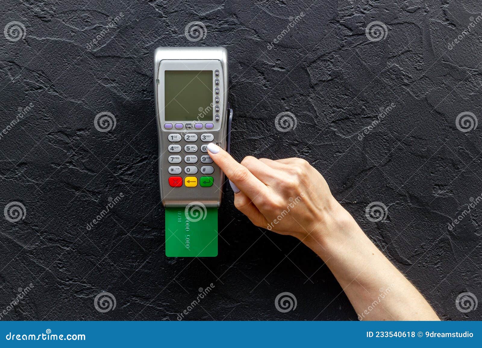 Hand with Credit Card on Pos Payment Terminal. Top View Stock Photo ...