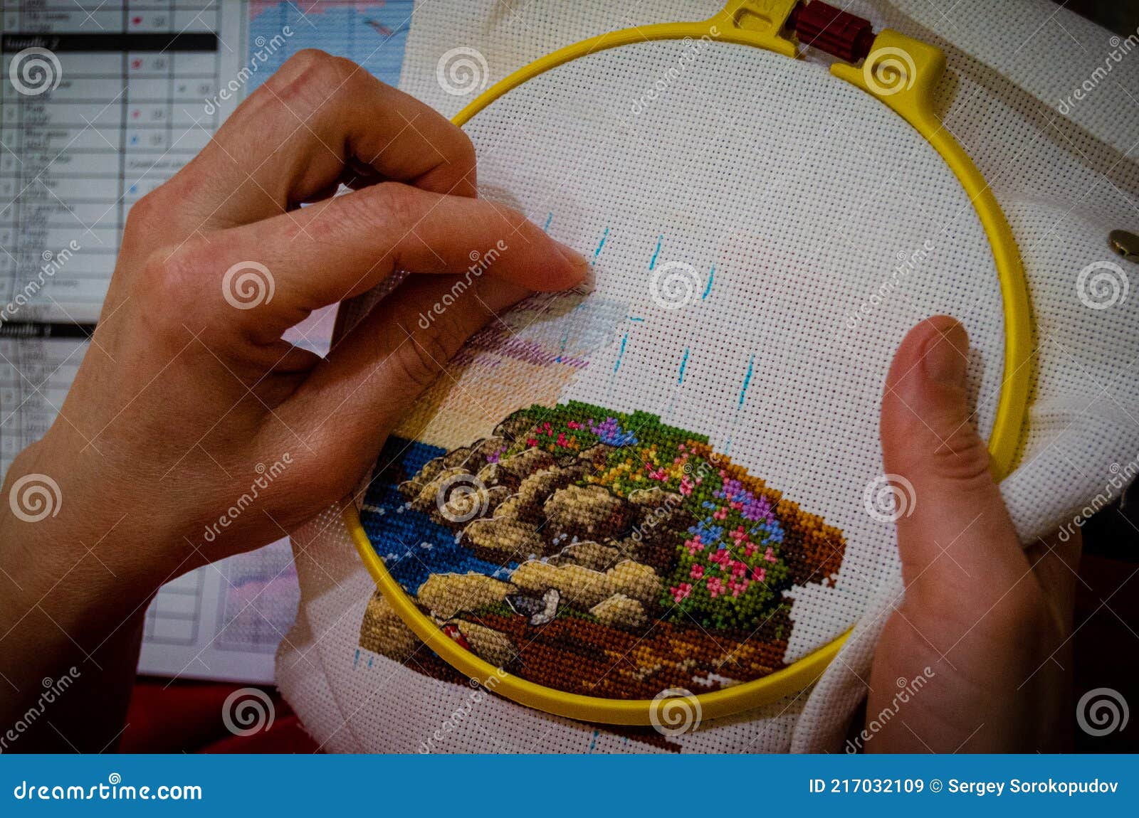 Hand cross stitch stock image. Image of snack, food - 217032109