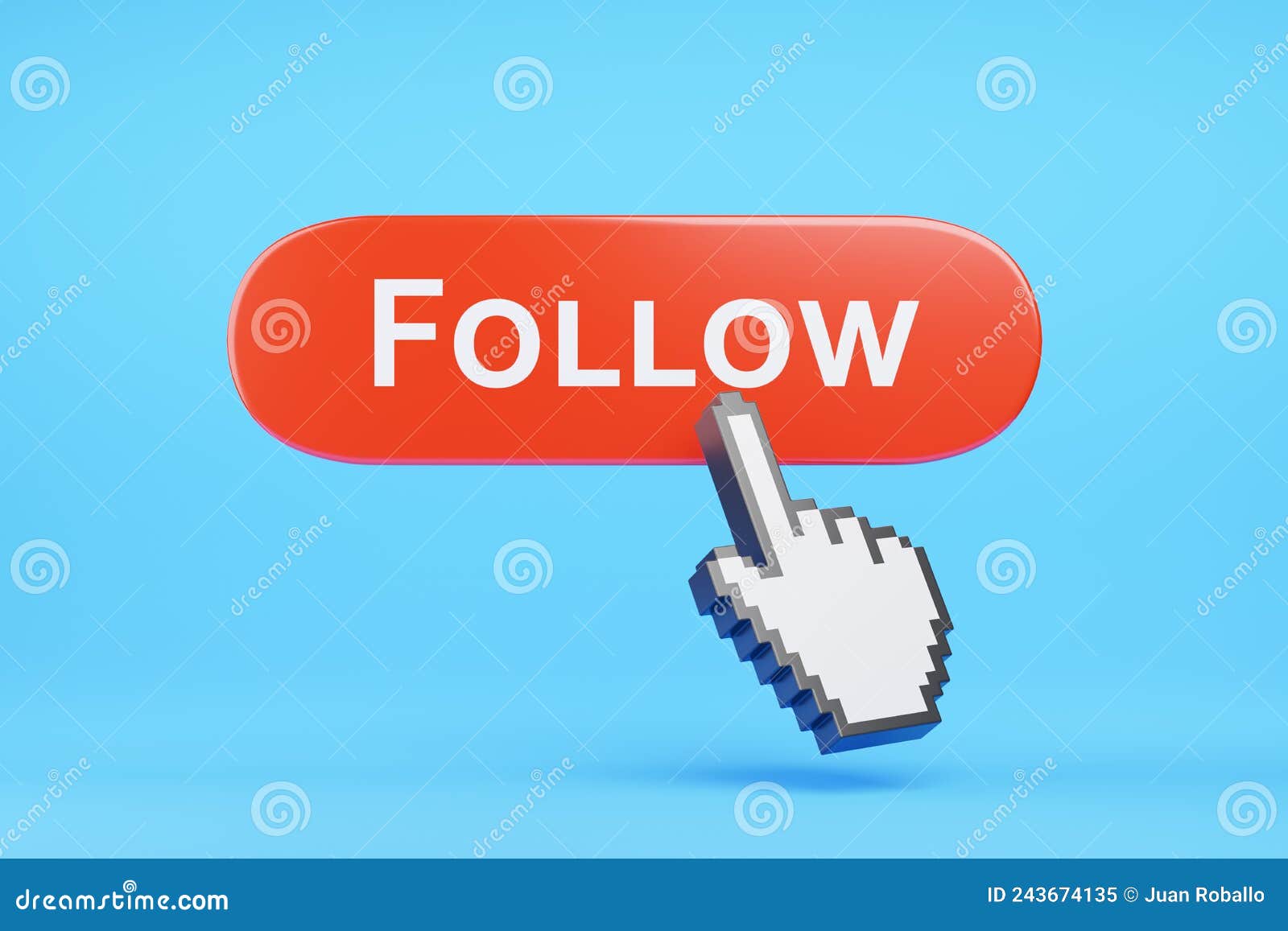 Hand Cursor Clicking on a Follow Button. 3d Illustration Stock ...