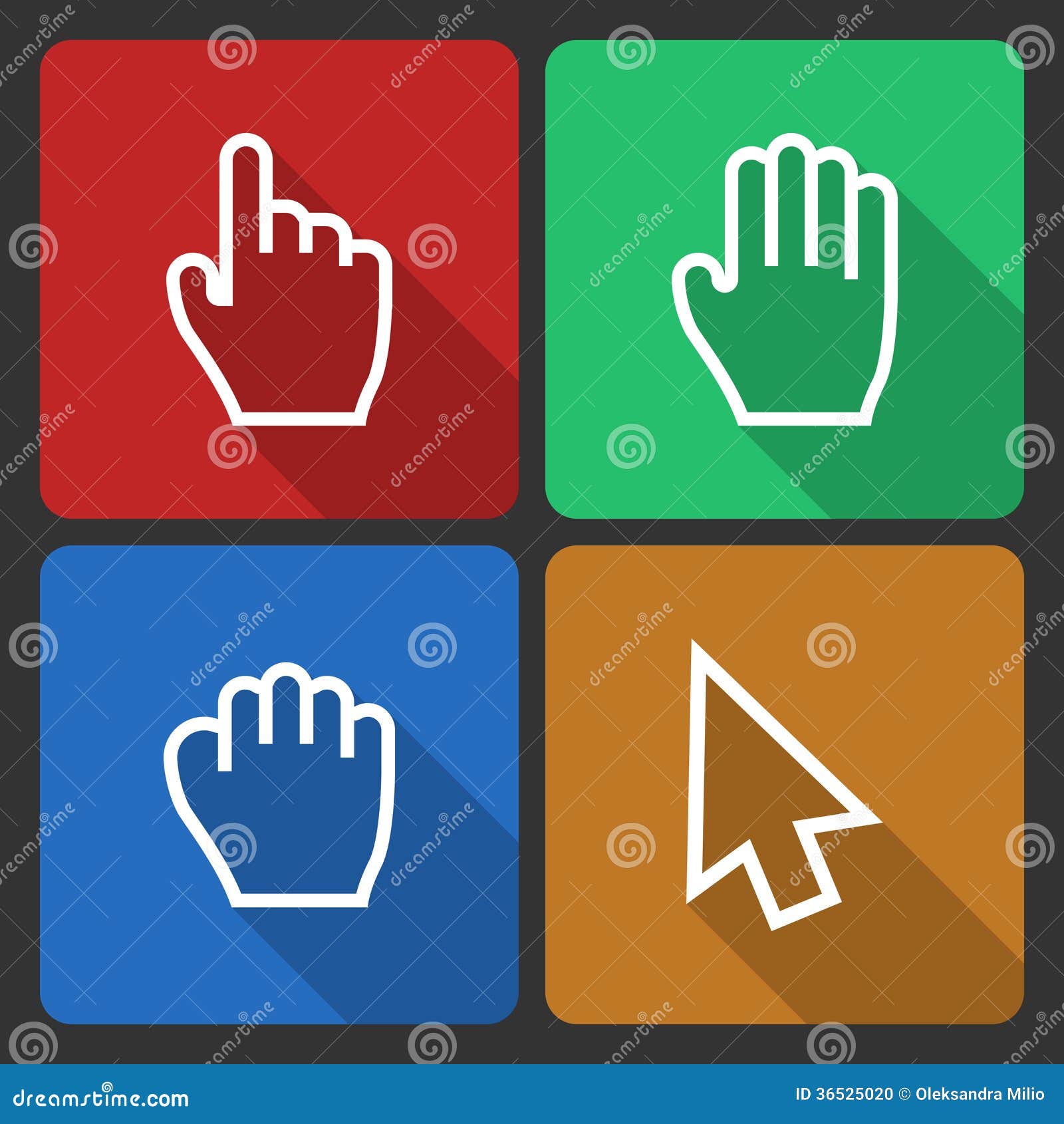 Hand Cursors Icons with Long Shadow Stock Vector - Illustration of hand ...