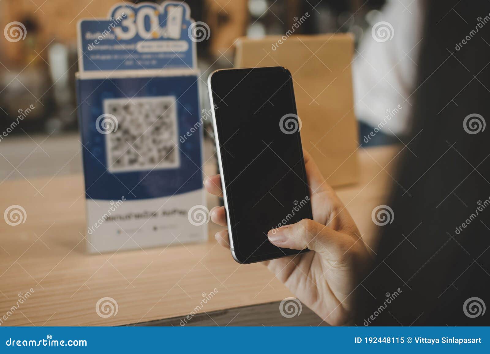 Hand Customer Using Digital Mobile Phone Scan QR Code Paying for Buying ...