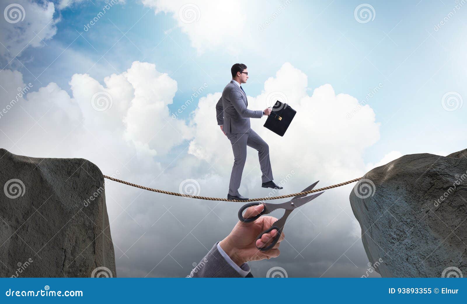 The Hand Cutting the Rope Under Businessman Tightrope Walker Stock ...