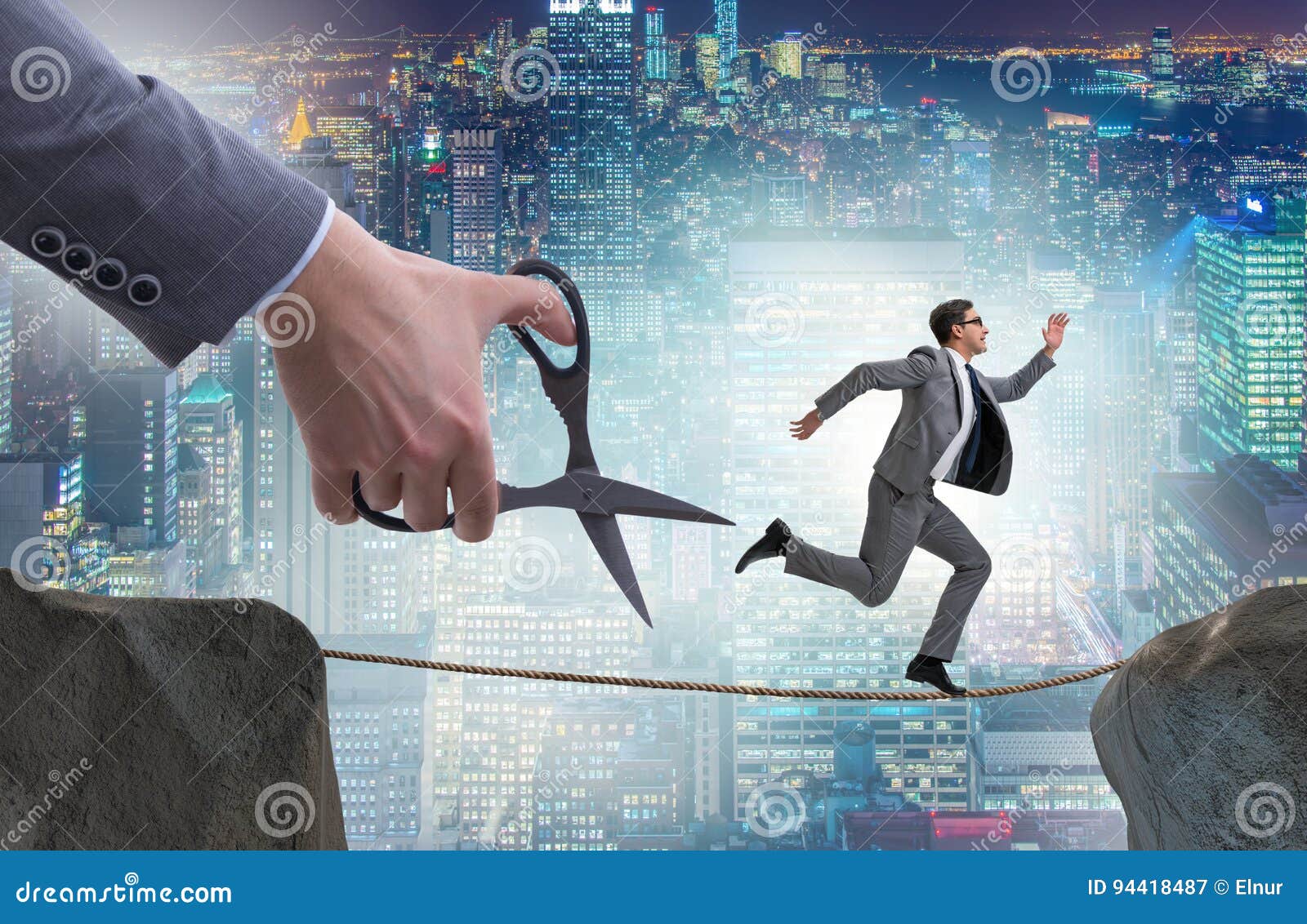 The Hand Cutting the Rope Under Businessman Tightrope Walker Stock ...