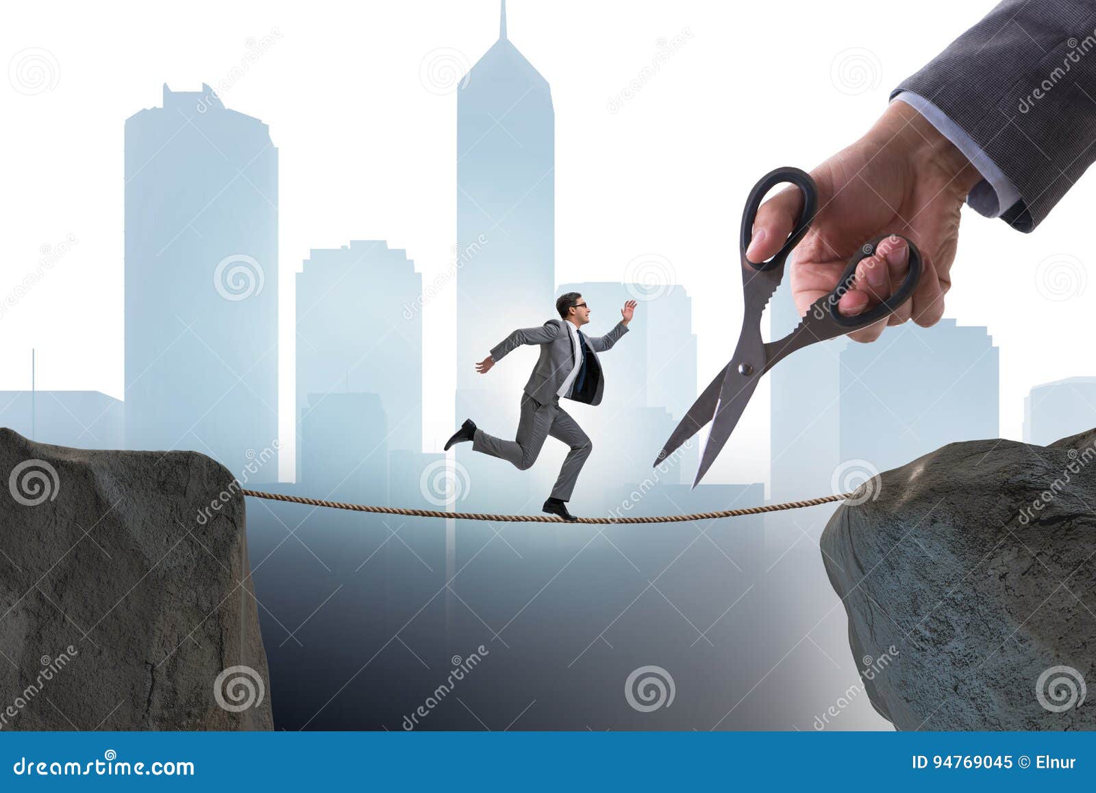 The Hand Cutting the Rope Under Businessman Tightrope Walker Stock ...
