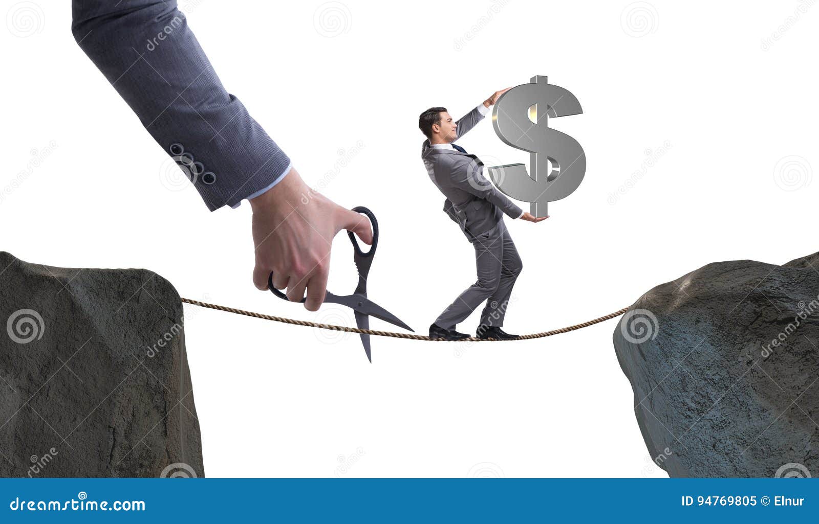 The Hand Cutting the Rope Under Businessman Tightrope Walker Stock ...