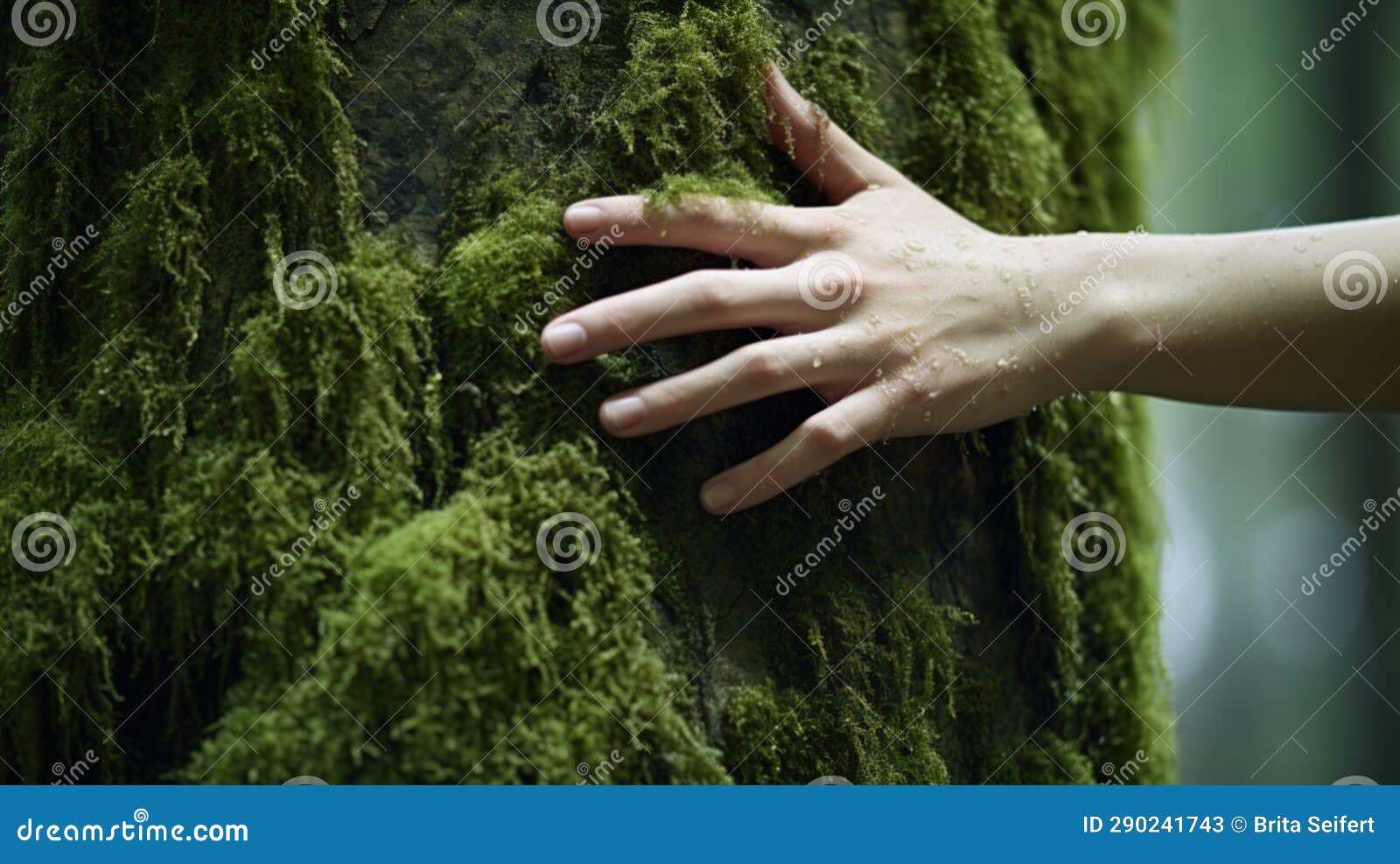 A Hand Delicately Touching Moss on a Large Tree Trunk, Reflecting a ...