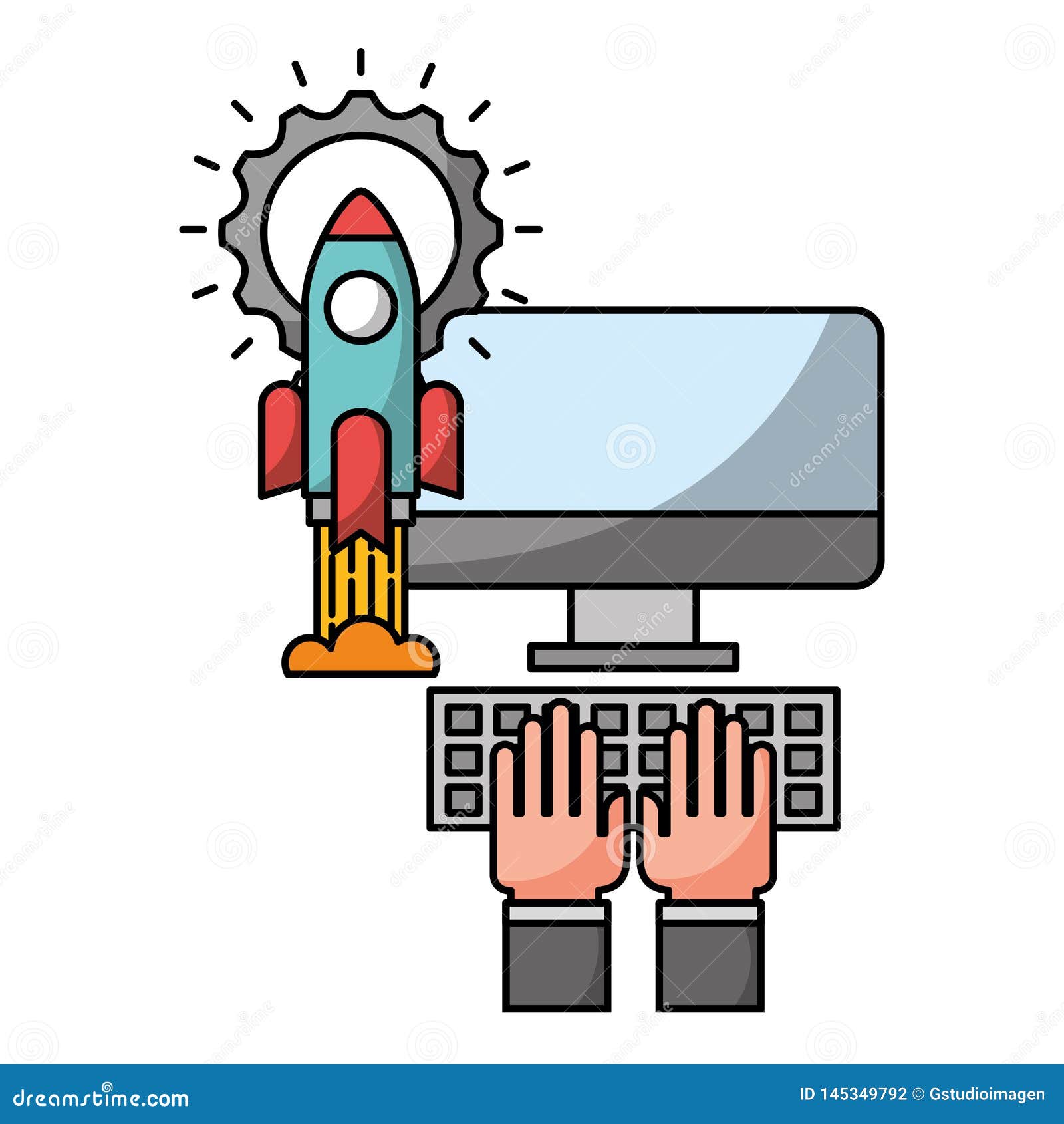 Hand with Desktop Computer and Icons Stock Vector - Illustration of ...