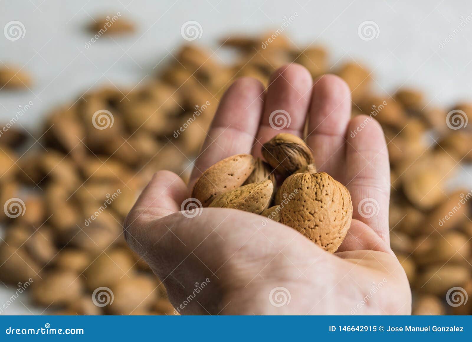 Hand Detail Catching Almonds Nut in Shell on a Blurred Bottom of Nuts ...