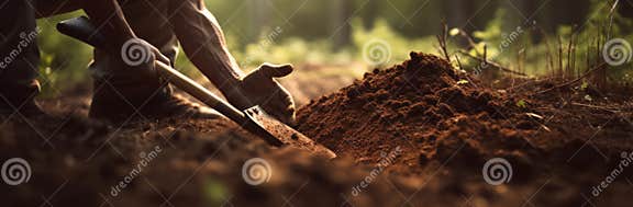 A Hand Digging into a Ground is in Focus at the Edge of a Clearing ...