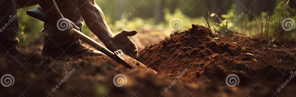 A Hand Digging into a Ground is in Focus at the Edge of a Clearing ...