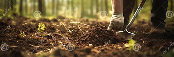 A Hand Digging into a Ground is in Focus at the Edge of a Clearing ...