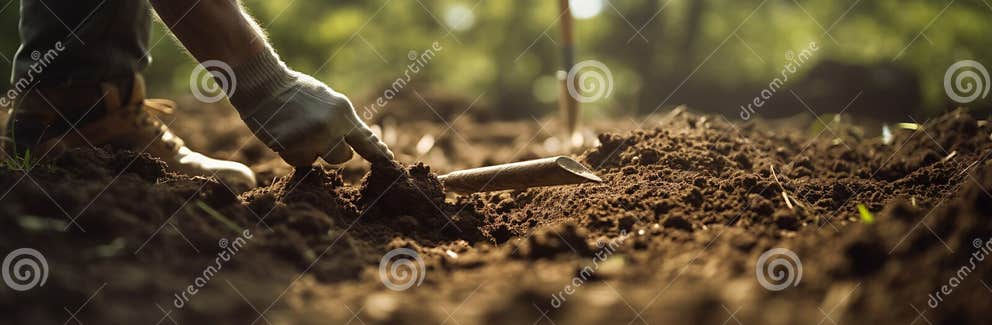 A Hand Digging into a Ground is in Focus at the Edge of a Clearing ...