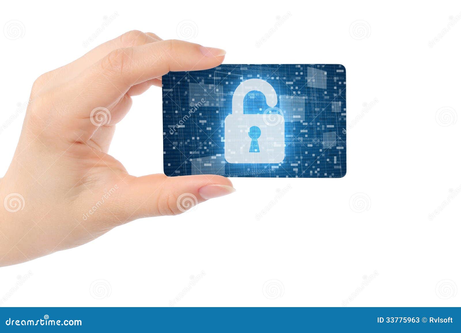 Hand with Digital Card and Open Lock Stock Image - Image of background ...