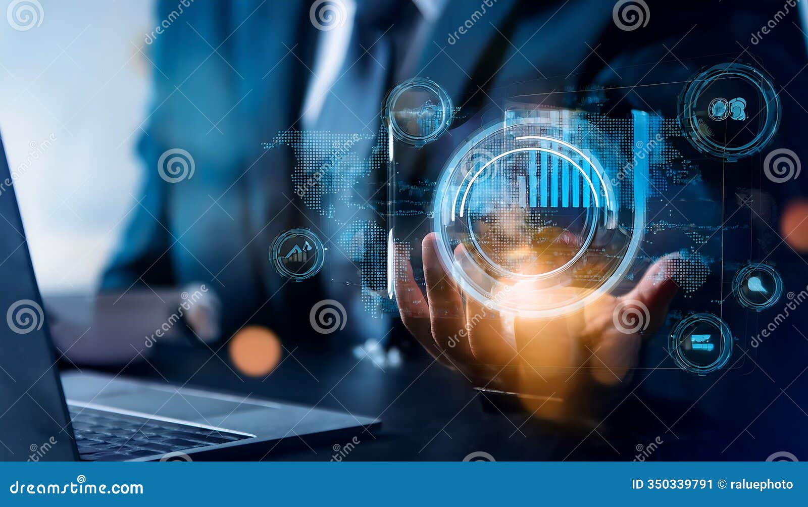 Hand Displays Holographic Interface with Charts, Map, and Various Icons ...