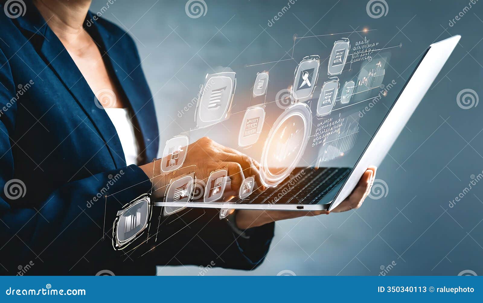 Hand Displays Holographic Interface with Charts, Map, and Various Icons ...