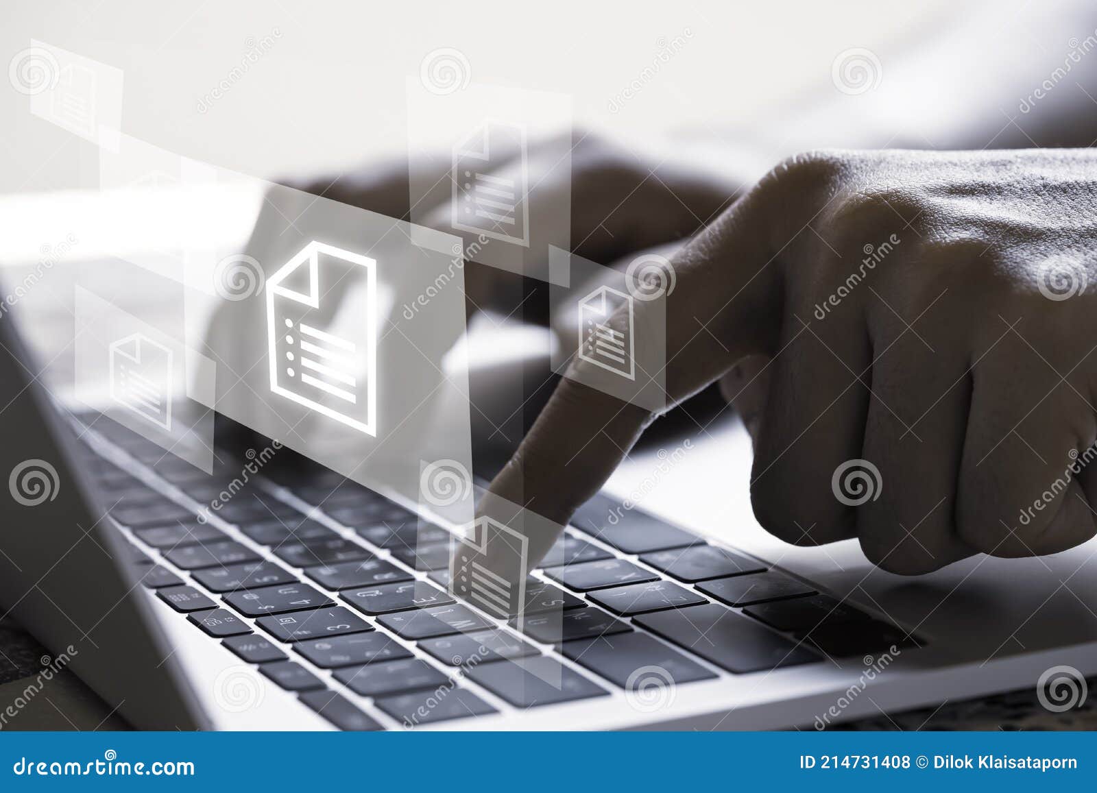 Hand with Document Icons and Typing To Laptop Computer Editorial Stock ...