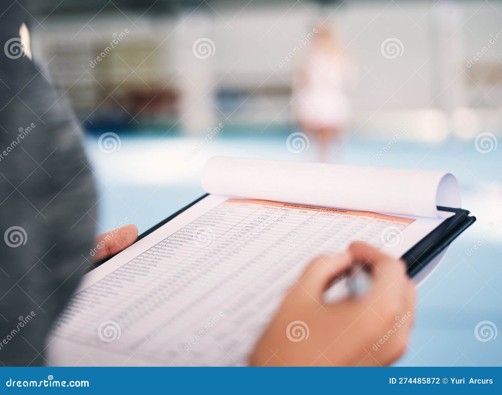 Hand, Documents and Assessment in a Gym with a Coach Watching a ...