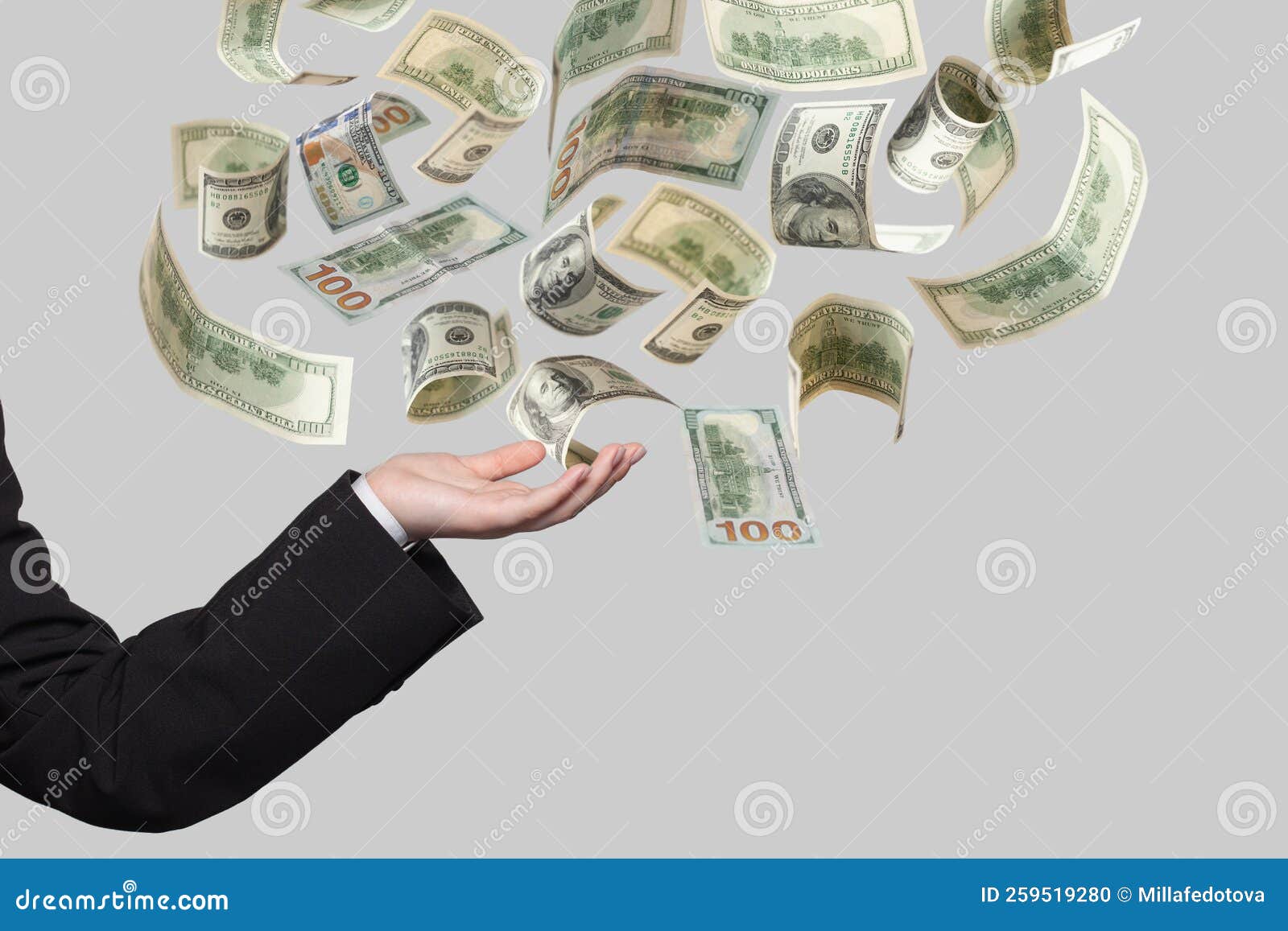 Hand with Dollars from Money Rain on Grey Background Stock Photo ...