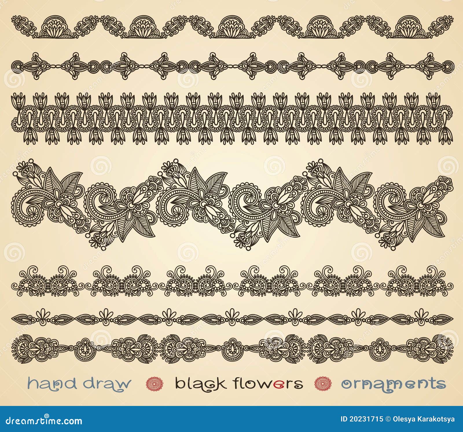 Hand Draw Black Flowers Ornaments Stock Vector - Illustration of petal ...