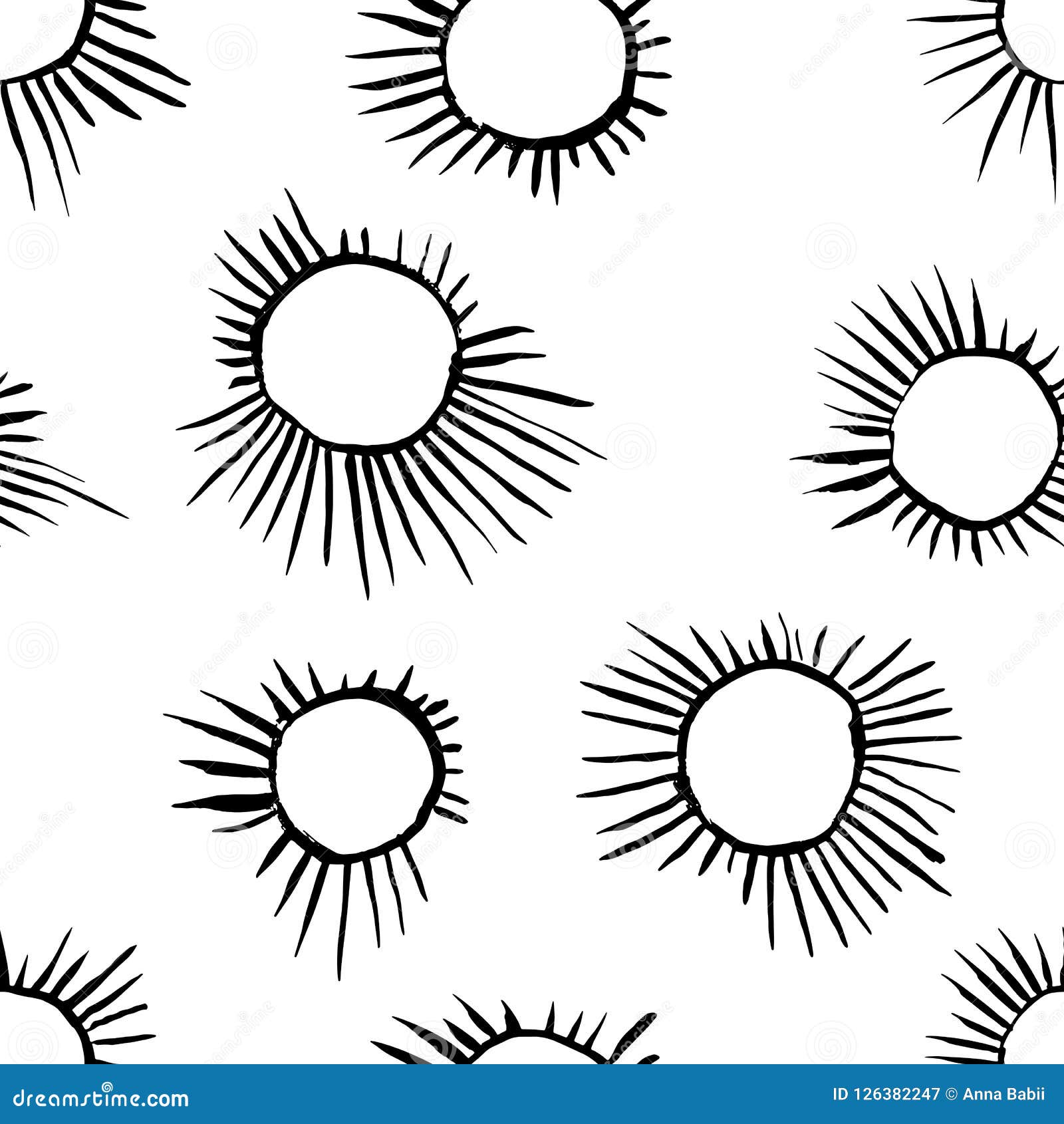 Hand Draw Black and White Sun Beam. Vector Seamless Pattern. Stock ...