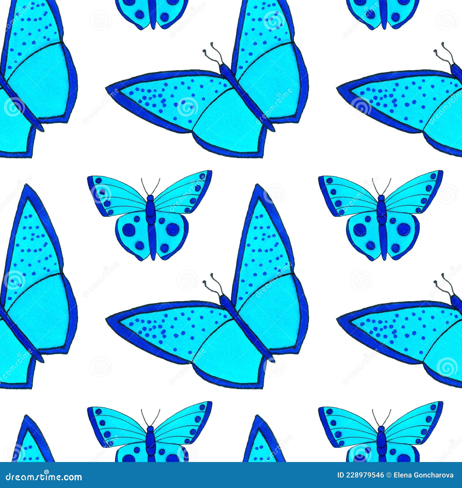 Hand Draw Blue Butterfly Seamless Pattern Stock Illustration ...