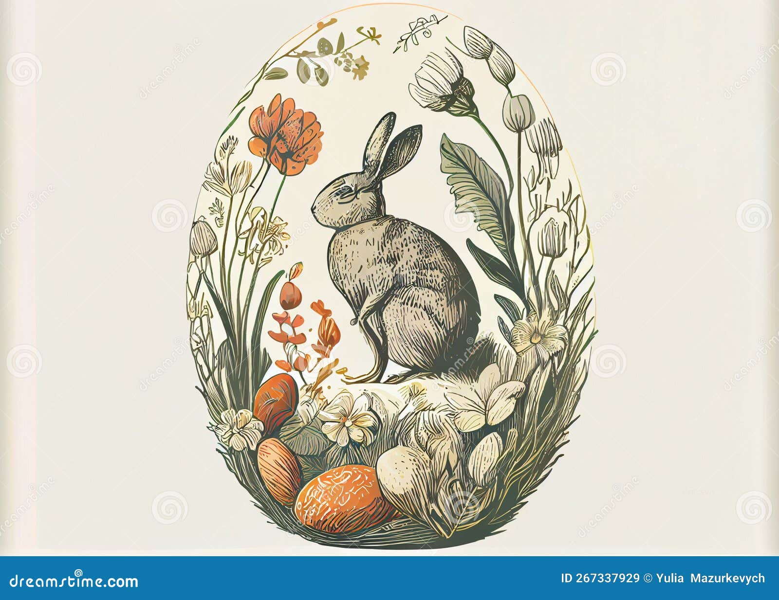 Hand Draw Bunny in Grass with Easter Eggs - AI Generated Stock ...