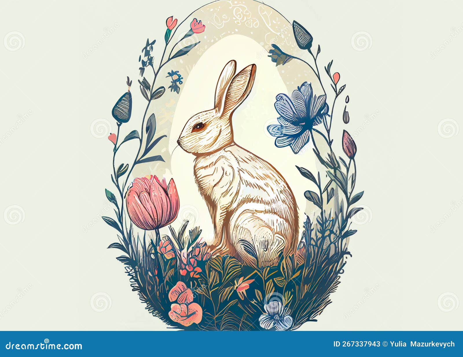 Hand Draw Bunny in Grass with Easter Eggs - AI Generated Stock ...