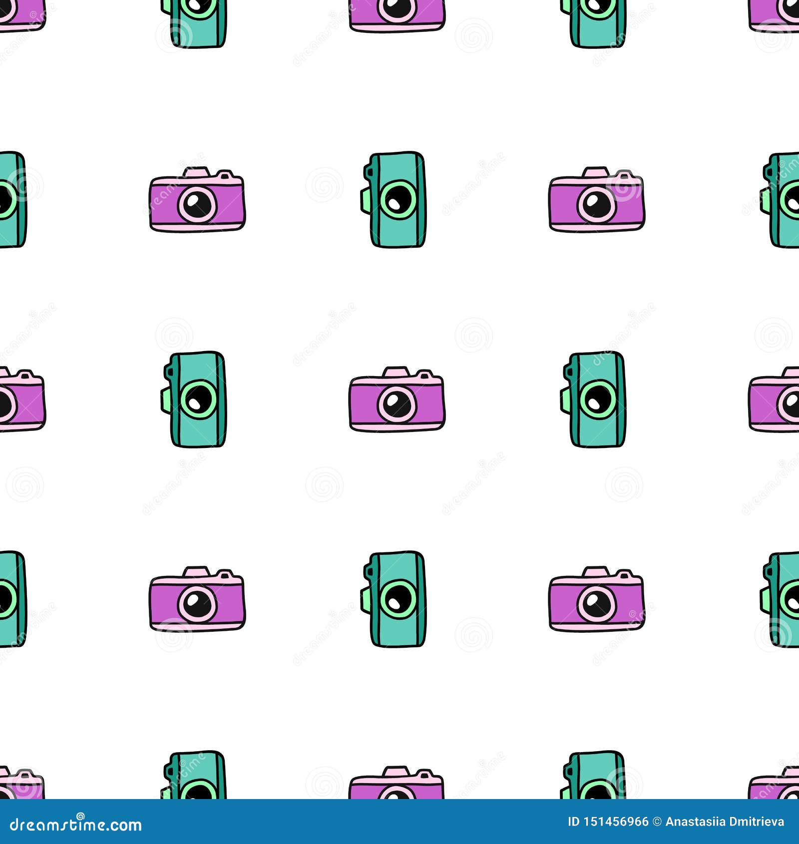 Hand Draw Camera Seamless Pattern. Vector Endless Background in Doodle ...