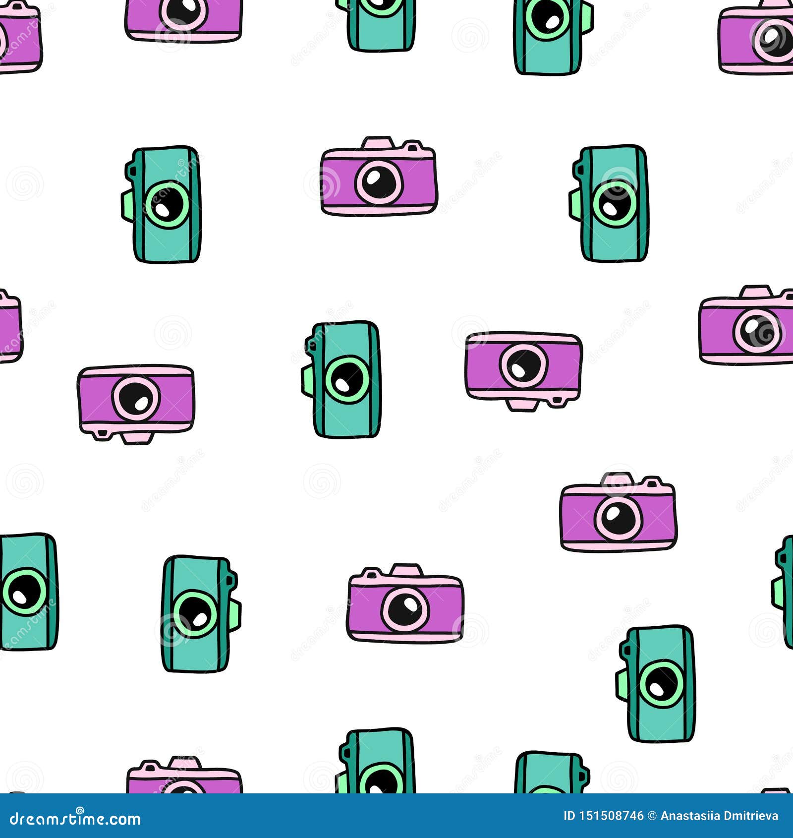 Hand Draw Camera Seamless Pattern. Vector Endless Background in Doodle ...