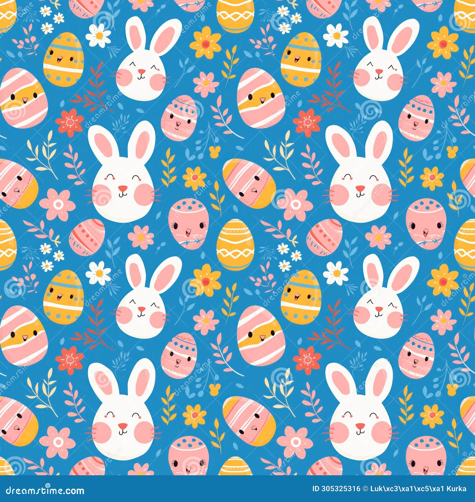 Hand Draw Easter Background with Colorful Eggs and Easter Bunnies. Happy Easter Seamless Pattern ...