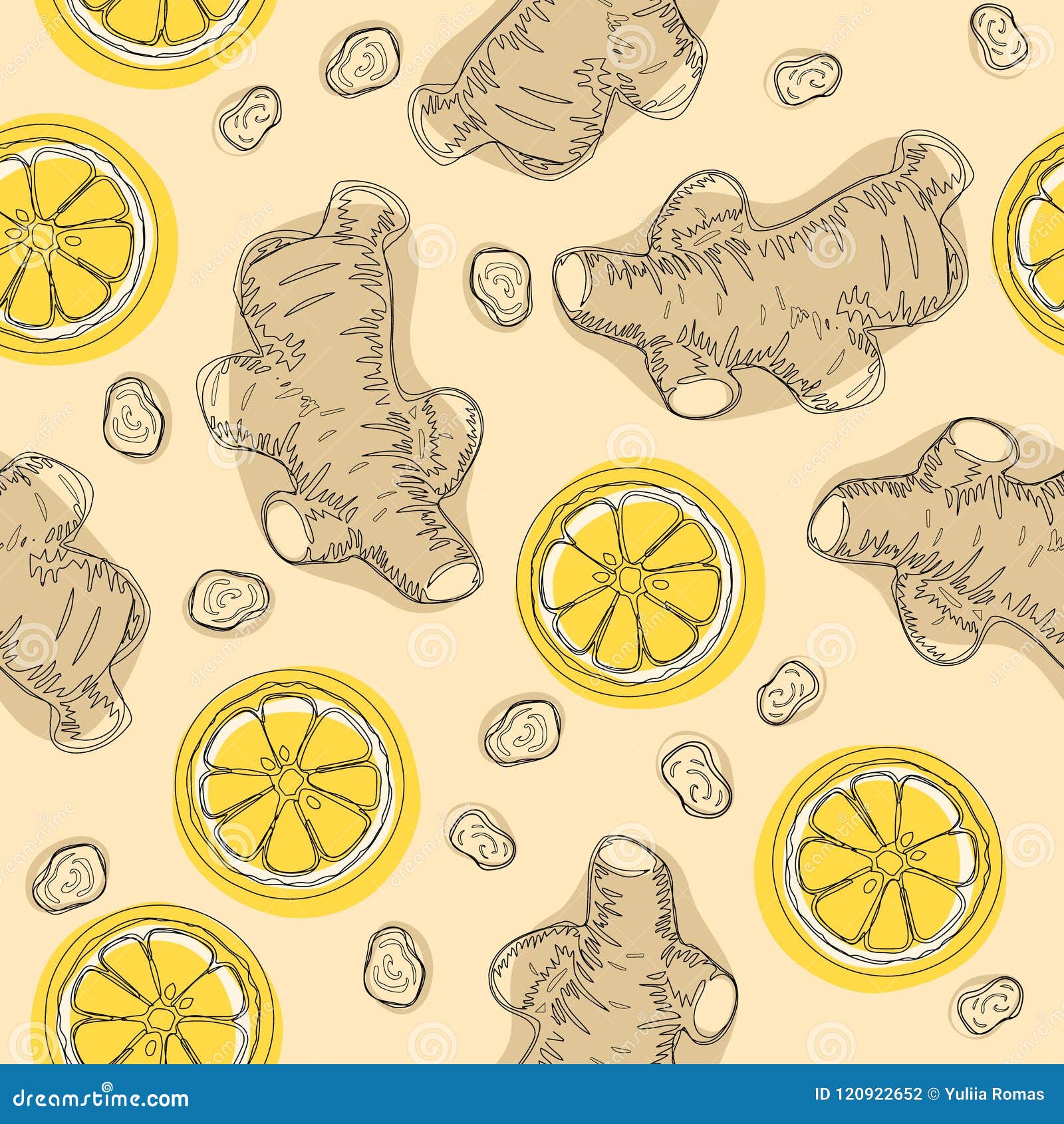 Ginger Roots With Lemon. Hand Draw Ingredient For Warming Tea. Whole ...