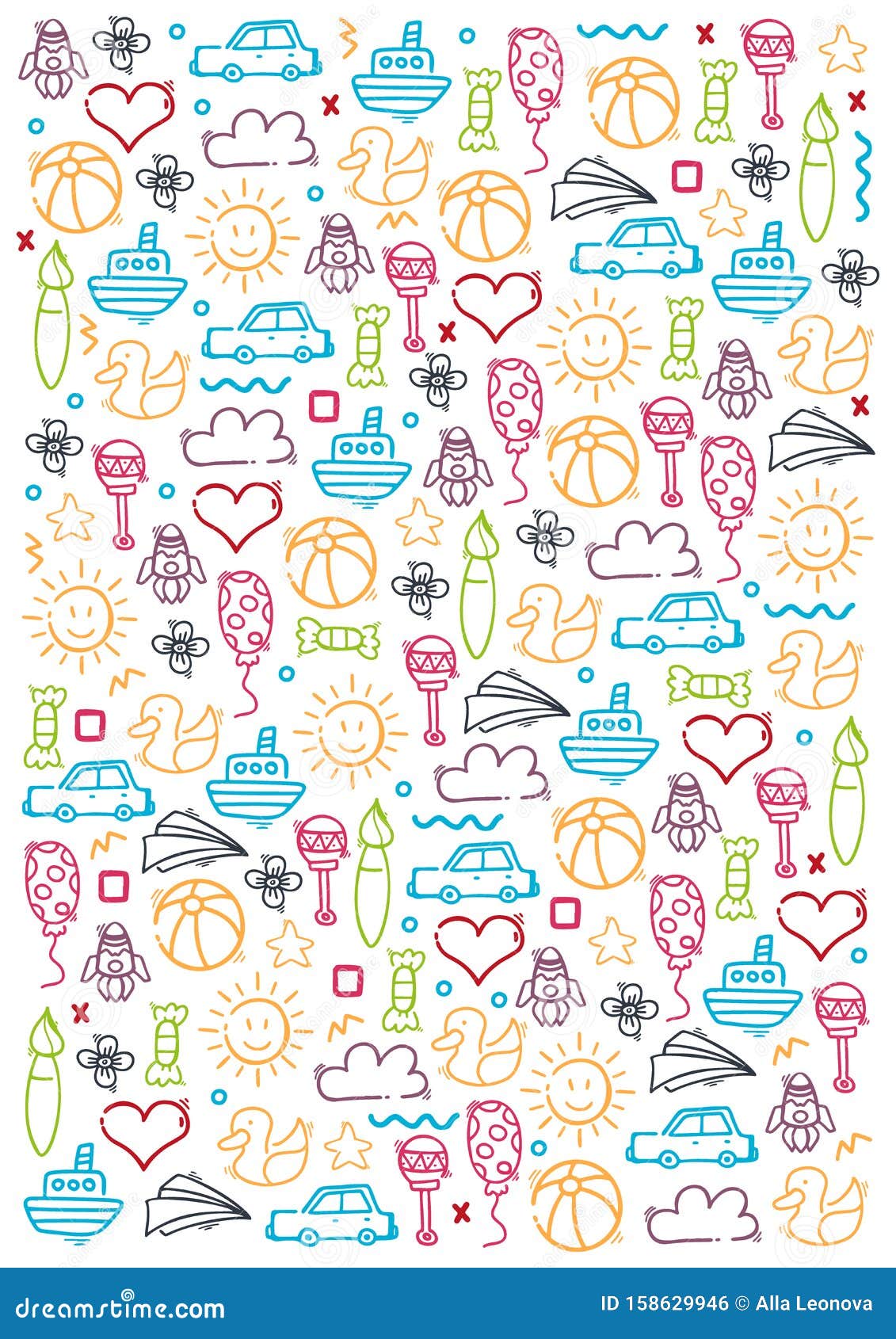 Hand Draw Kids Doodle Background. Objects from a Child`s Life. Stock ...