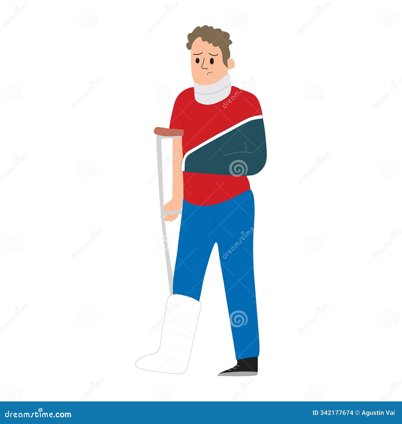 Hand Draw of a Man with a Leg in a Cast and an Arm in a Sling on a ...