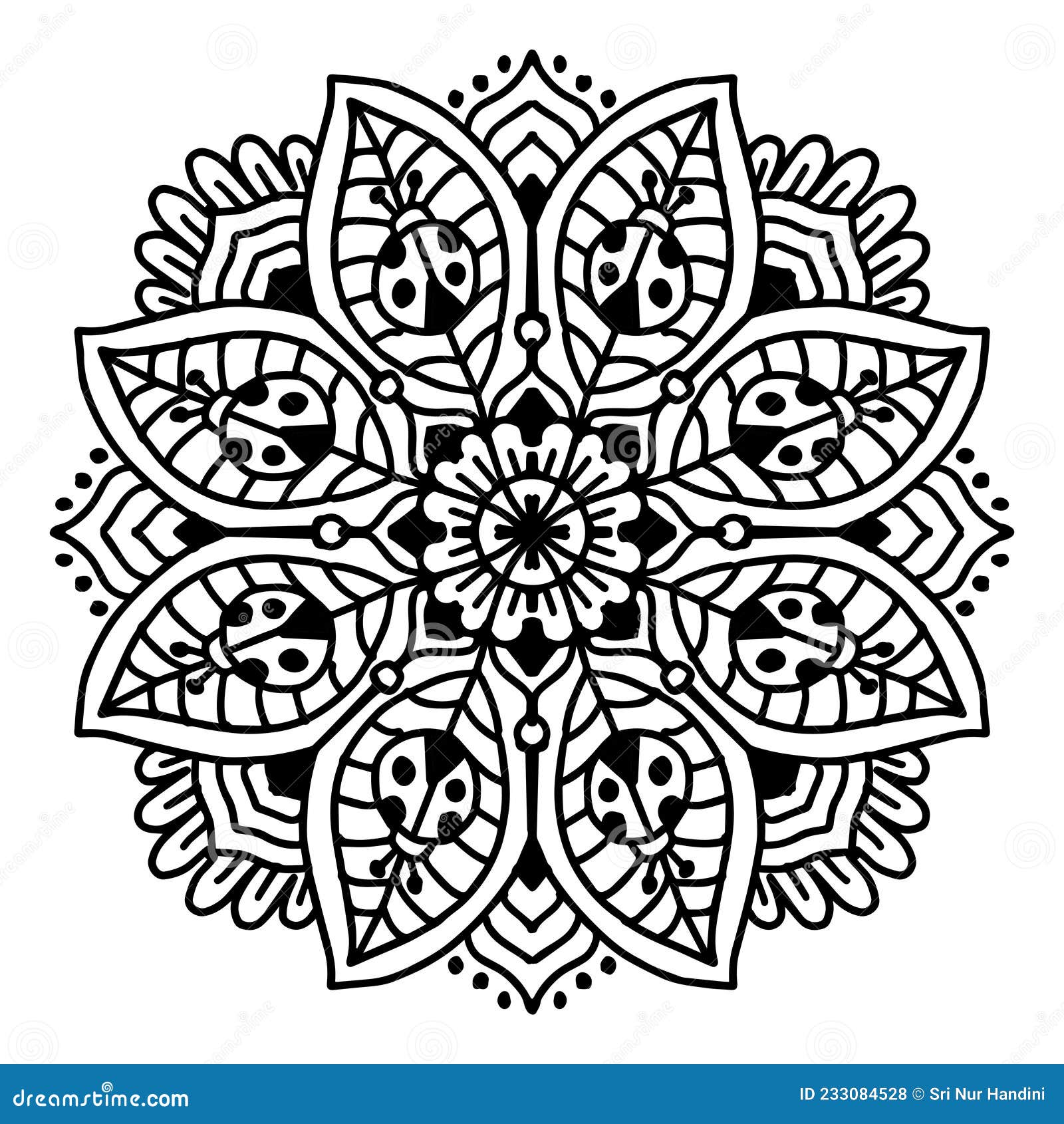 Hand Draw of Mandala with Lady Bugs Ornament Pattern. Stock Vector ...