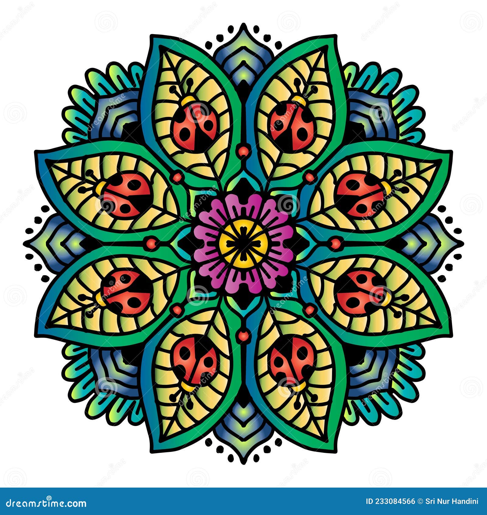 Hand Draw of Mandala with Lady Bugs Ornament Pattern. Stock Vector ...
