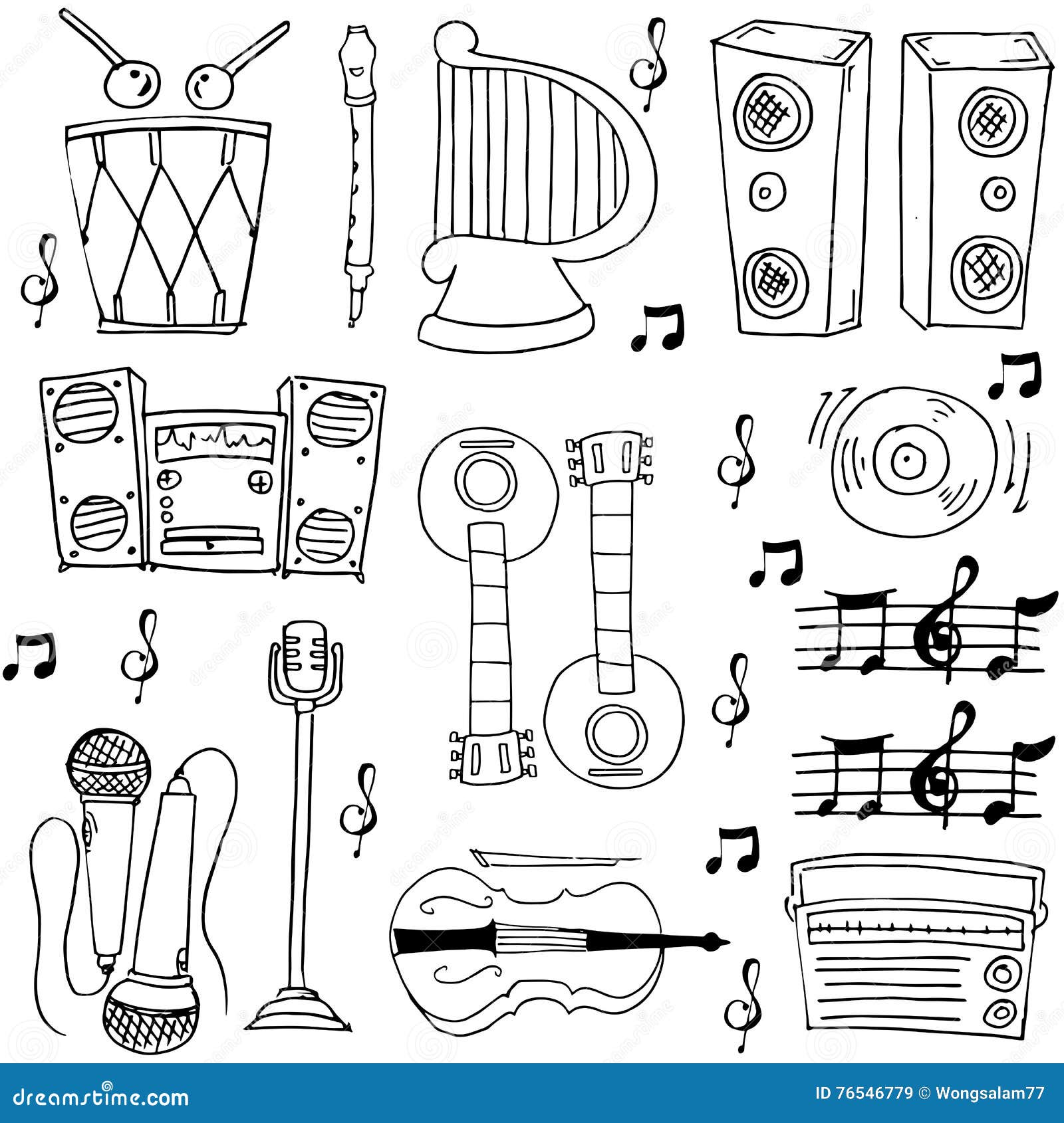 Hand Draw Music Theme Doodles Stock Vector - Illustration of headphones, piano: 76546779
